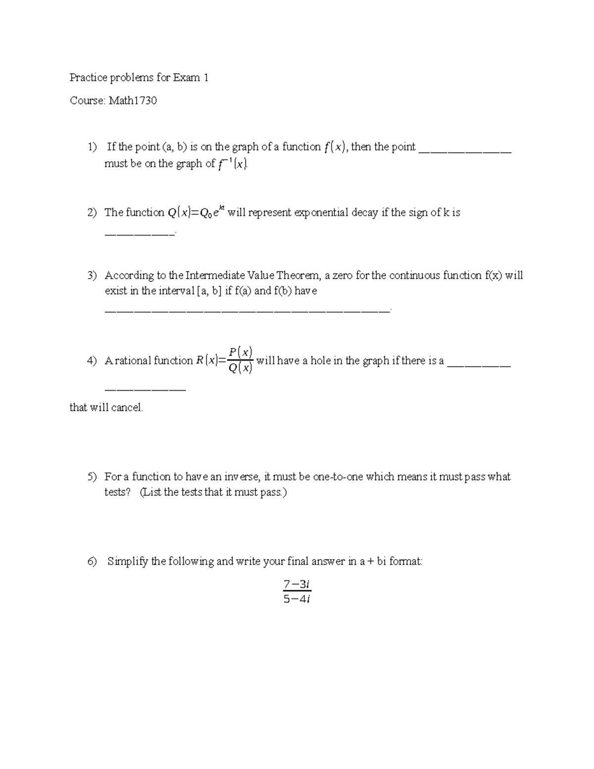 Practice Problems for Math 1730: Exam 1 Review - Studocu