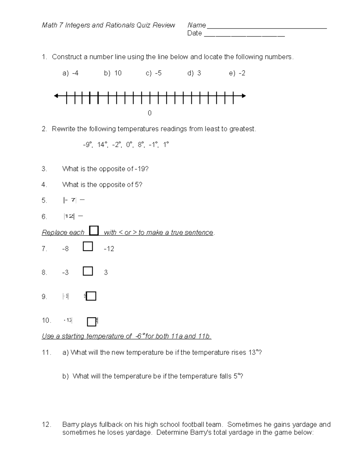 Math 7 Quiz Review: Integers and Rationals Concepts - Studocu