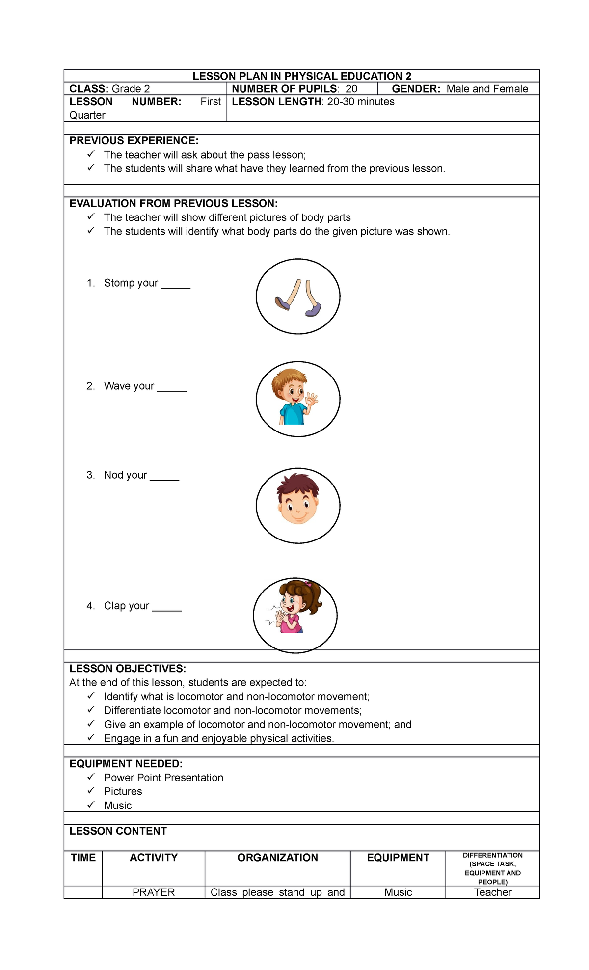 Grade 2 PE Lesson Plan: Exploring Locomotor & Non-Locomotor Movements ...