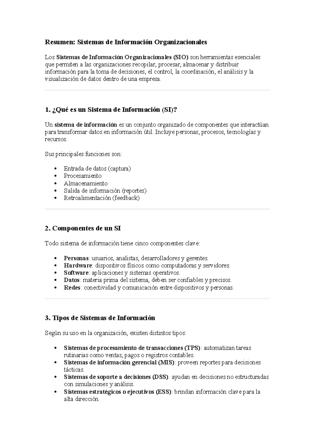 Resumen: Sistemas de Información Organizacionales SIO M1 y M2 - Studocu