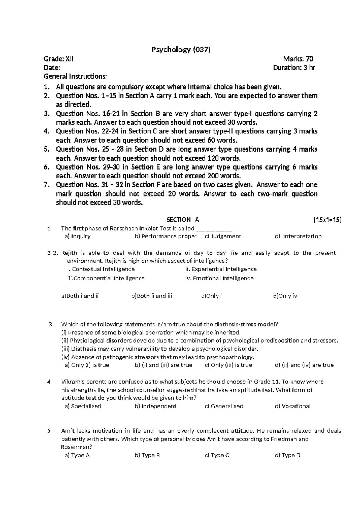 Psychology Preboard (037) Grade XII Final Exam Questions & Answers ...