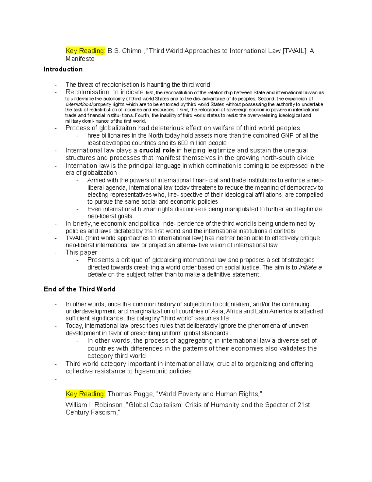 Readings Chimni - Key Reading: B. Chimni, “Third World Approaches to ...
