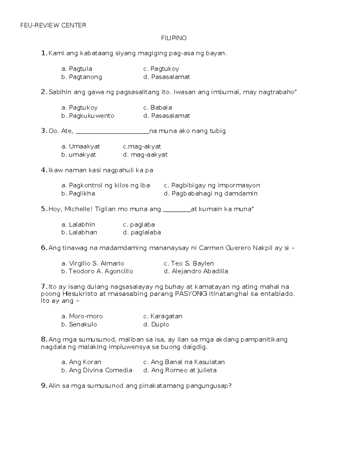 Filipino 1: Pagsusuri at Pagsasanay sa Wika at Panitikan - Studocu