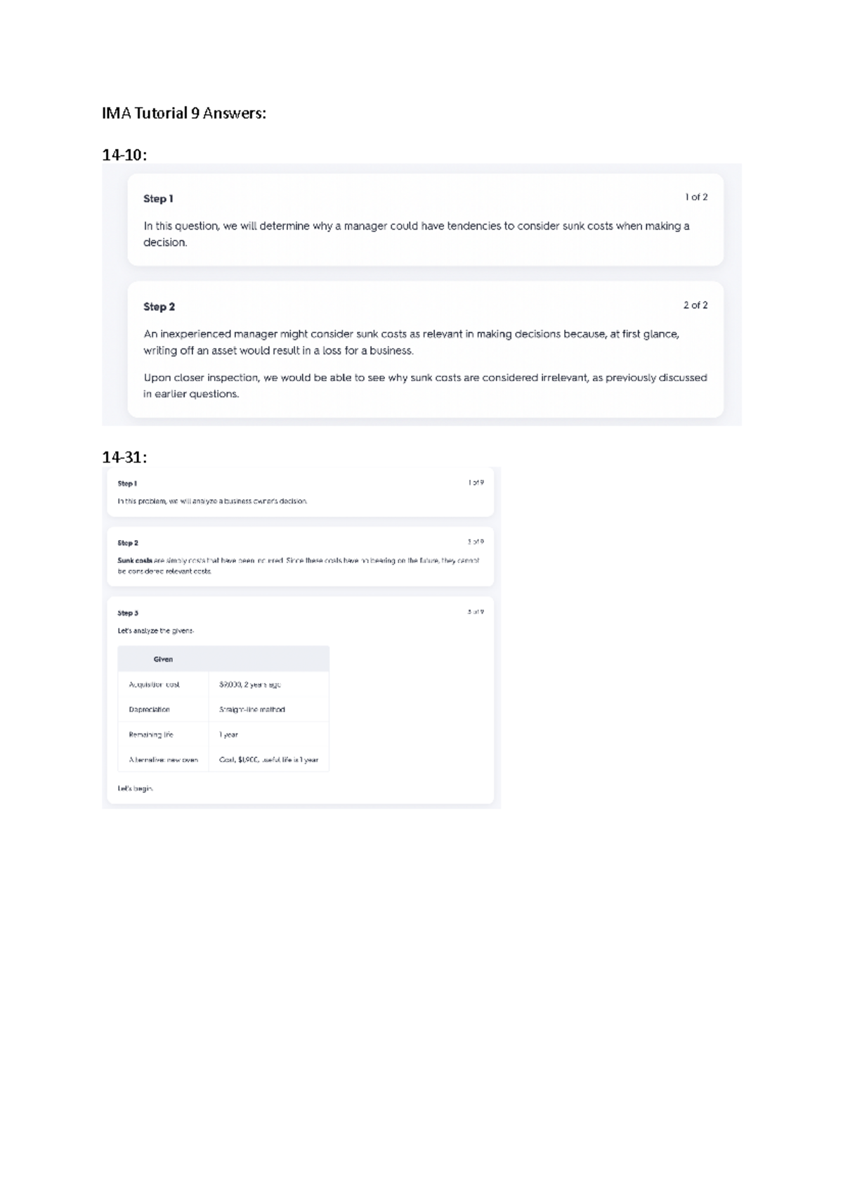 IMA Tutorial 9 Answers - ACC1010 - IMA Tutorial 9 Answers: 14-10: 14-31 ...