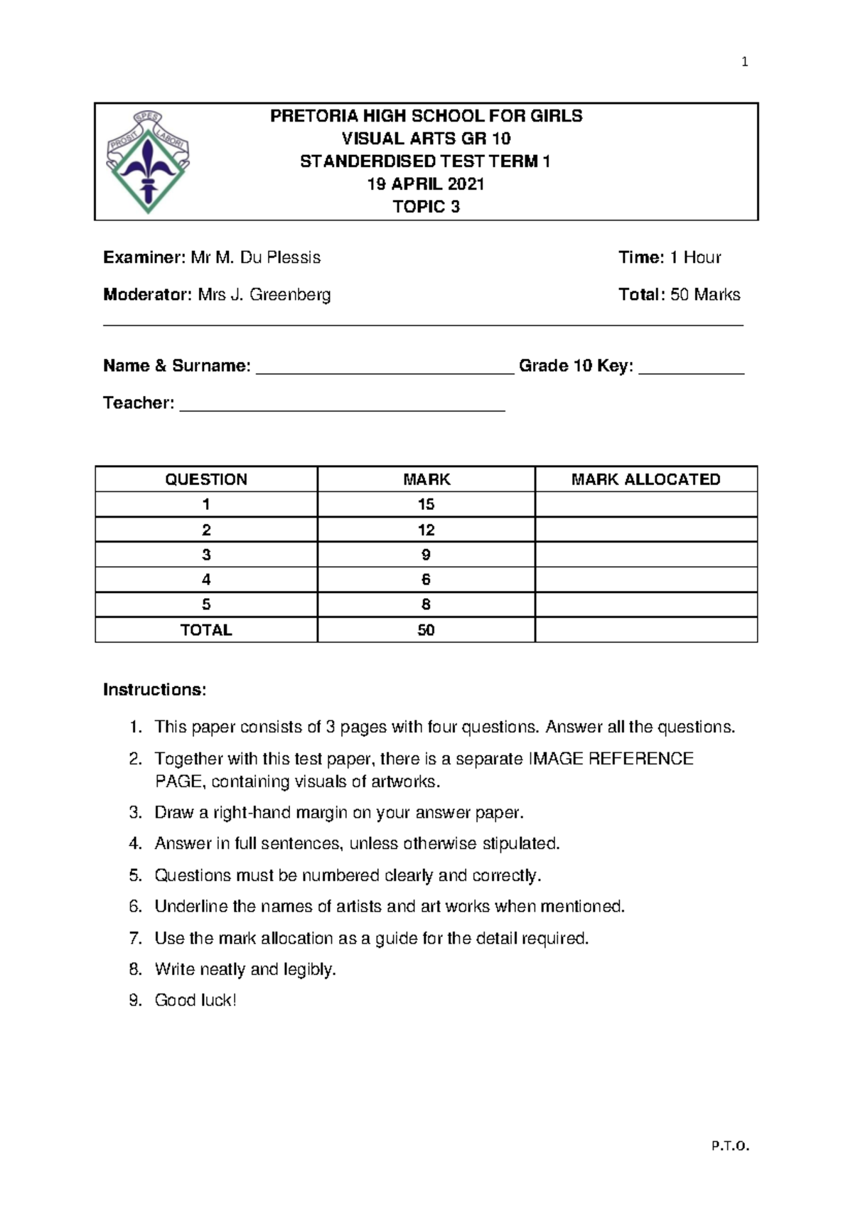 T1 Visual Arts Gr 10 Std Test Term 1 - 19 April 2021 - Studocu