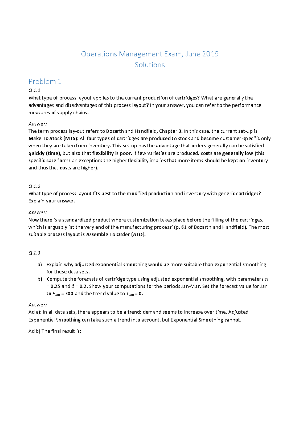 Operations Management Exam Solutions - June 2019 Analysis - Studocu