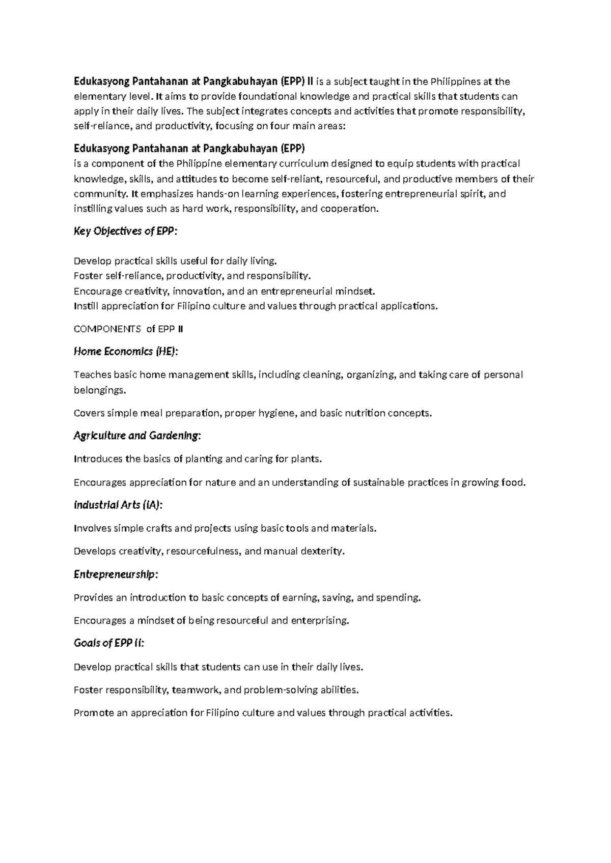 EPP II Handouts: Practical Skills and Values for Everyday Life - Studocu