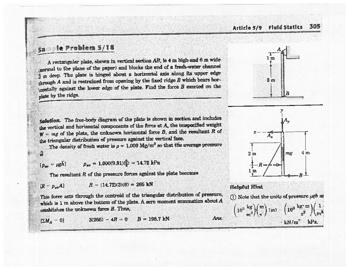 Hydrostatics Analysis: Fluid Statics Sample Problem 305 - Studocu