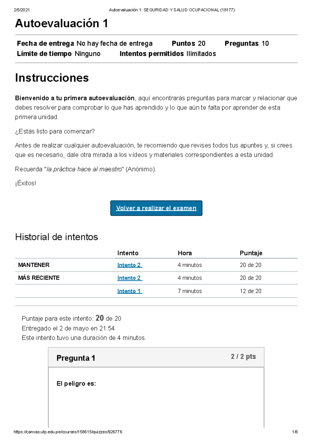 Autoevaluación 1 Seguridad Y Salud Ocupacional (18177) - Autoevaluación 1 Fecha de entrega No ...
