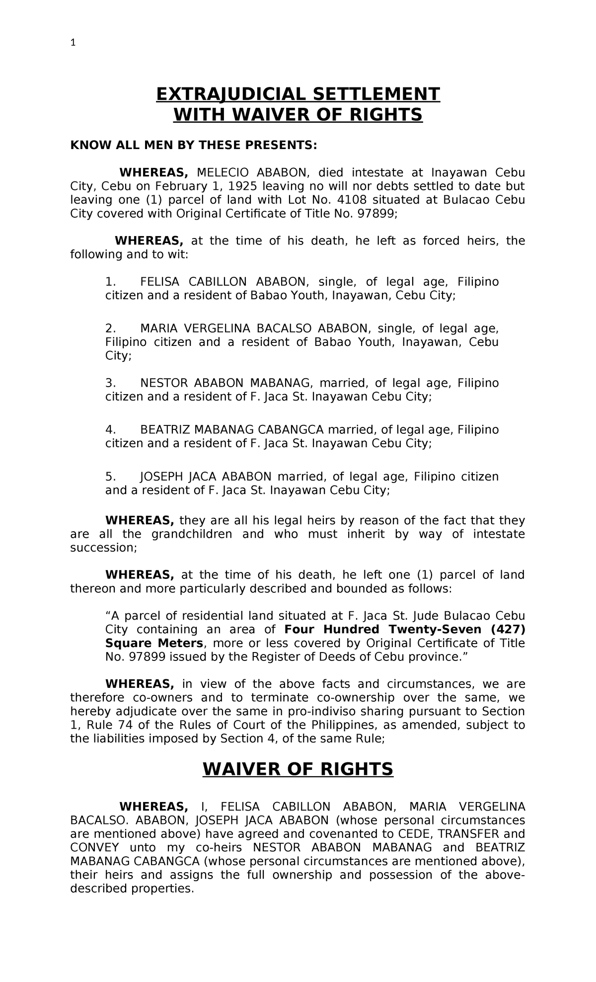 Extrajudicial Settlement & Waiver of Rights - Cebu City Case Document ...