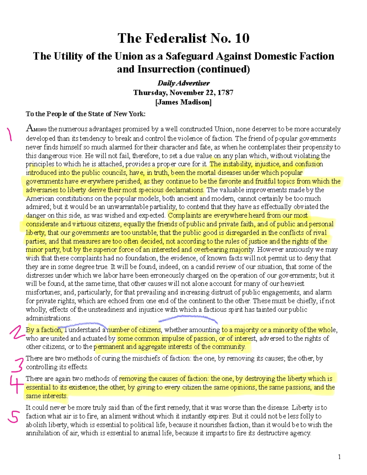 The Federalist No. 10: Analyzing the Union's Role Against Faction - Studocu