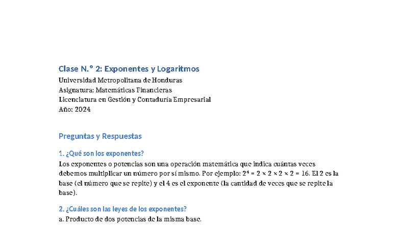 Clase N.º 2: Exponentes y Logaritmos - Matemáticas Financieras - Studocu