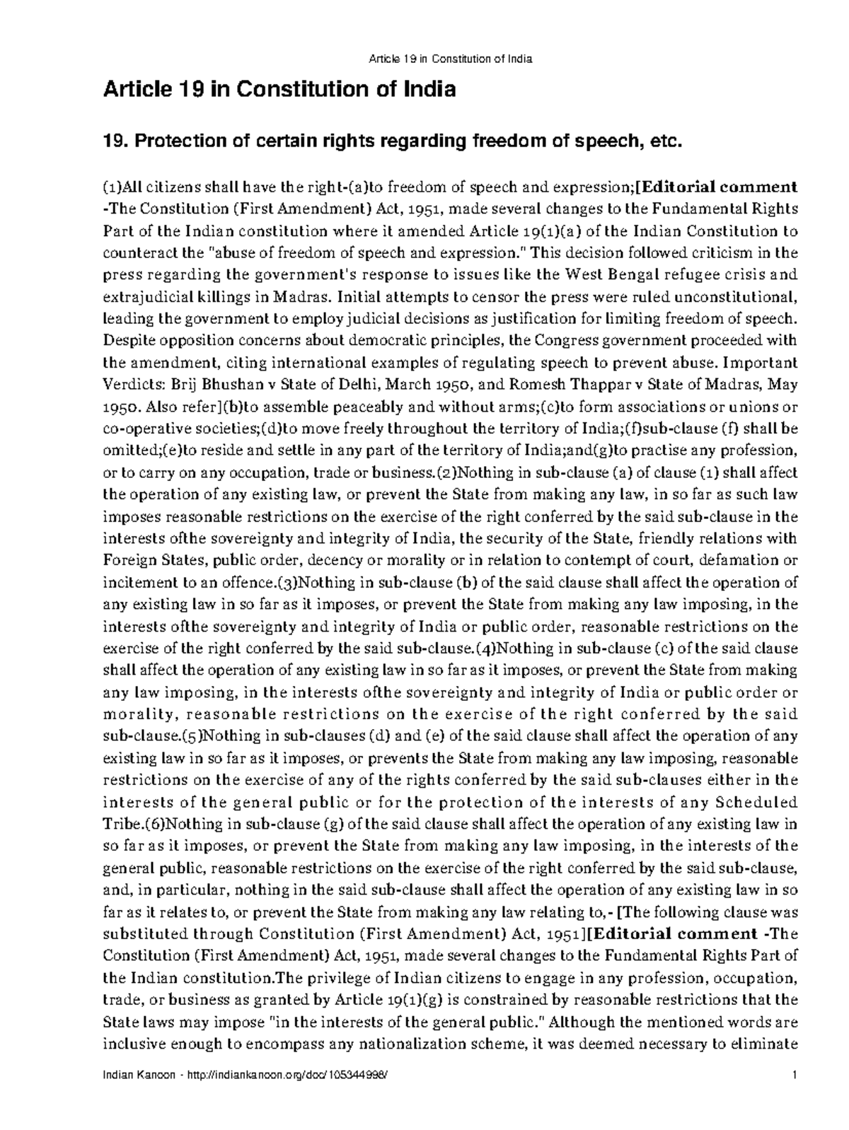 Article 19 in Constitution of India - Protection of certain rights ...