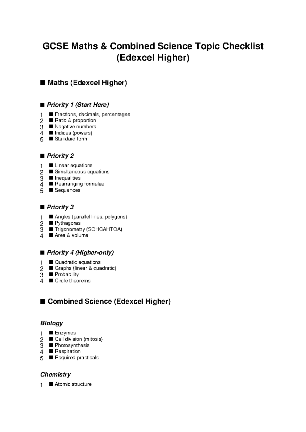 GCSE Maths & Science Topic Checklist (Edexcel Higher) - Studocu
