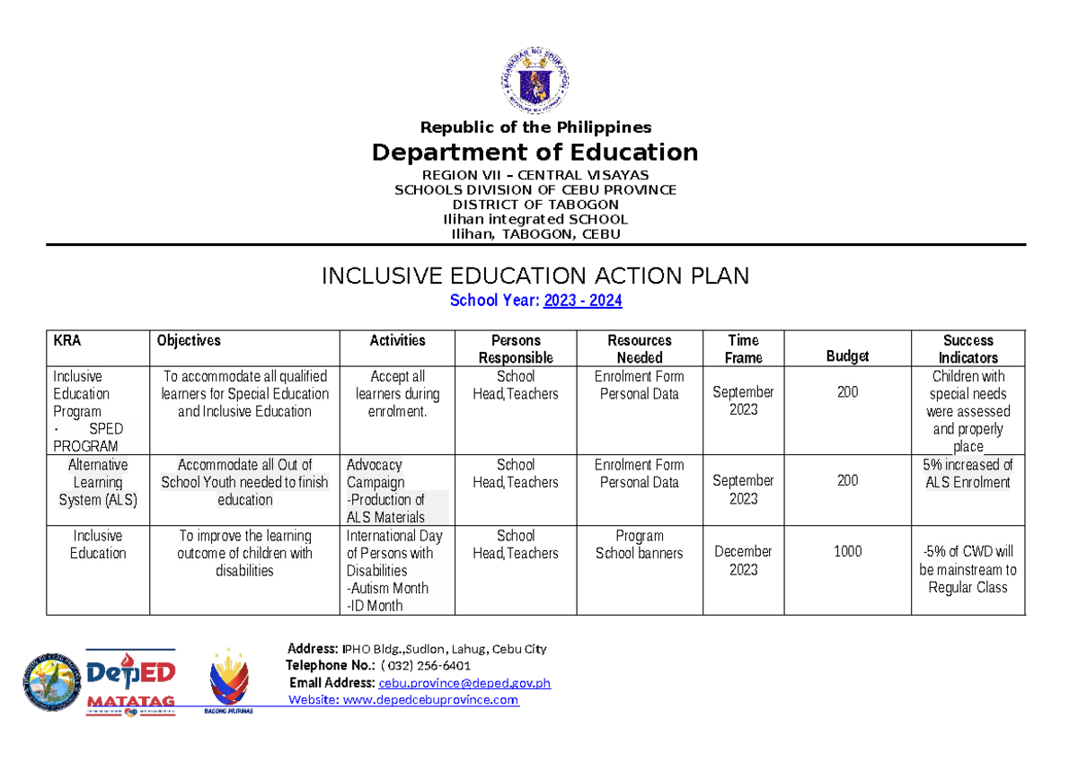 Inclusive Education Action Plan SY 2023-2024 for Cebu Province - Studocu