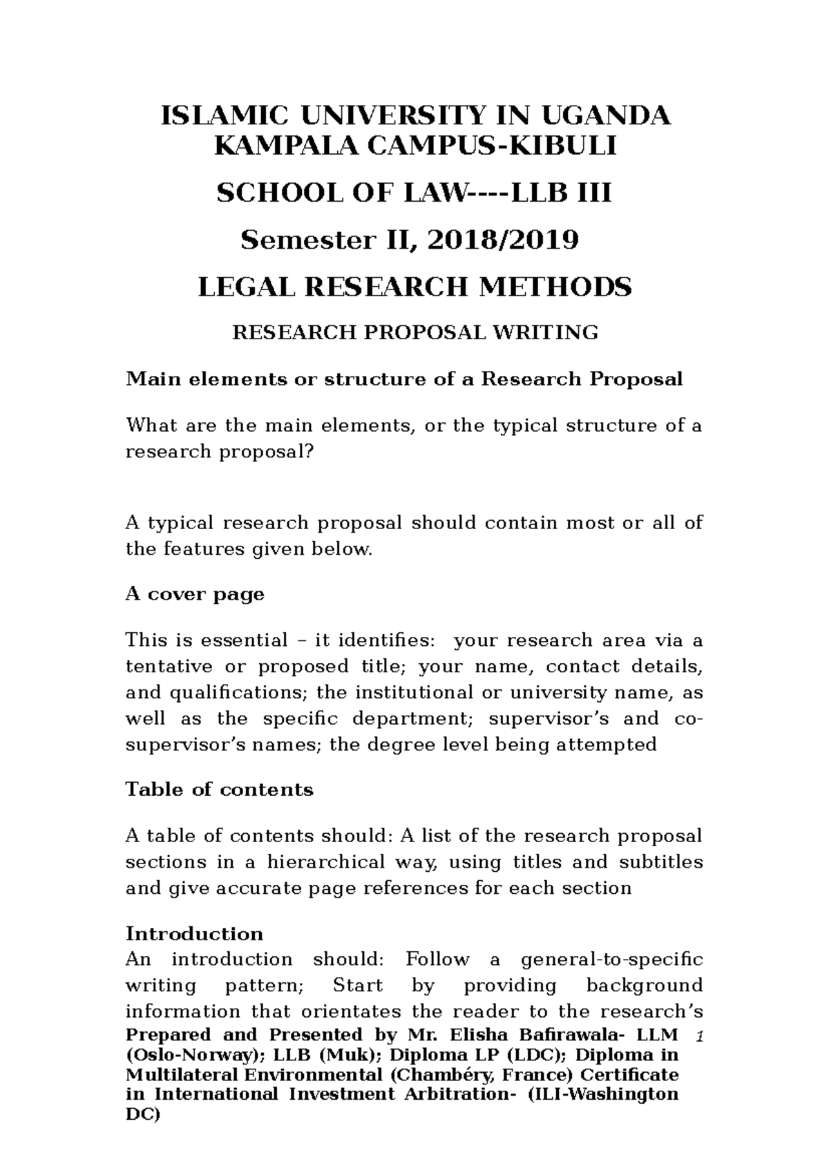 LLB III Legal Research Methods: Structure of a Research Proposal - Studocu