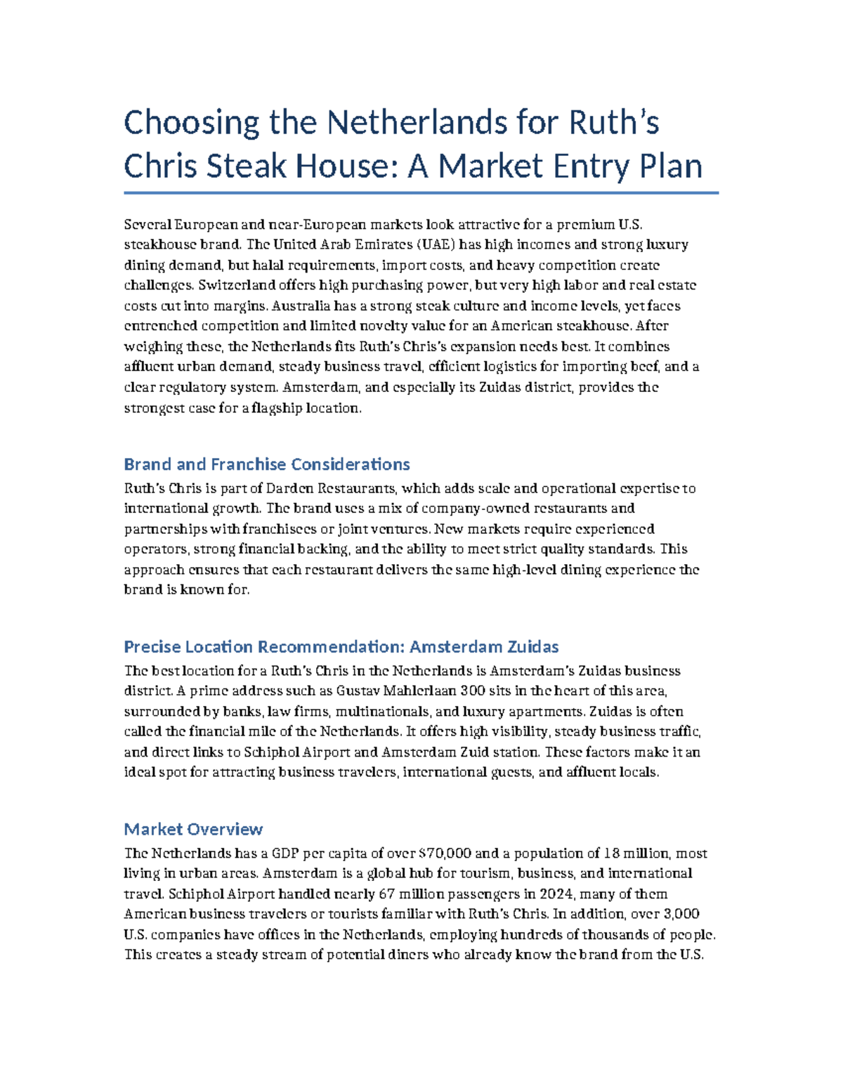 Market Entry Plan for Ruth's Chris in the Netherlands: Zuidas Focus ...