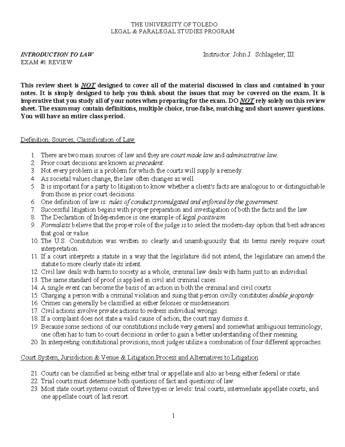 Legal Studies Introductory Exam #1 Review Notes - UToledo - Studocu