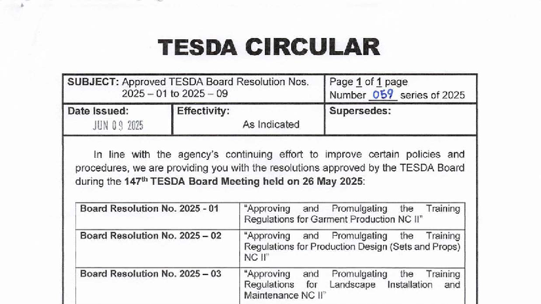 TESDA Circular No. 059-2025: Approved Training Regulations for Garment ...