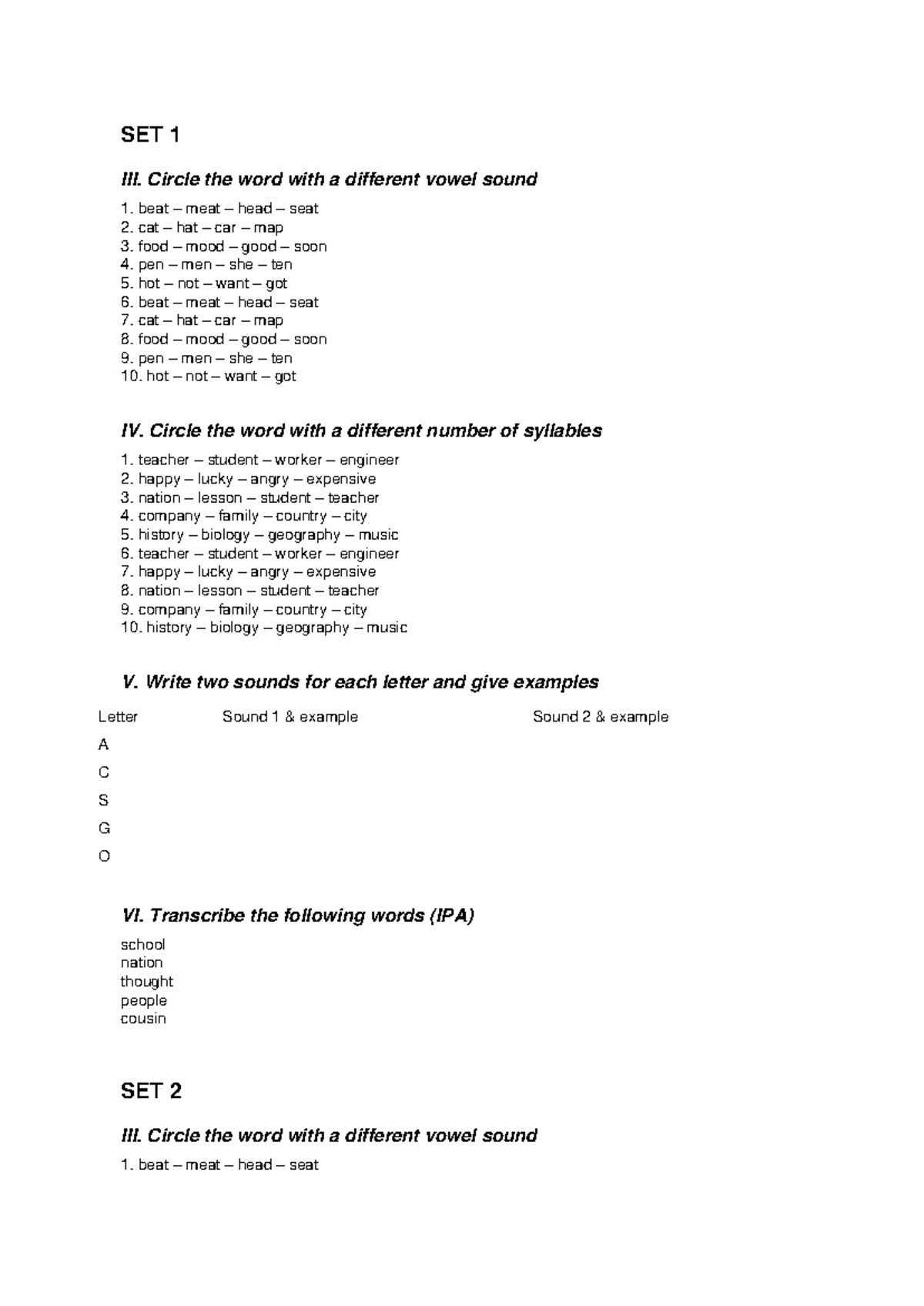 Phonetics Exercises: Vowel Sounds & Syllable Differentiation (SET 1-20 ...
