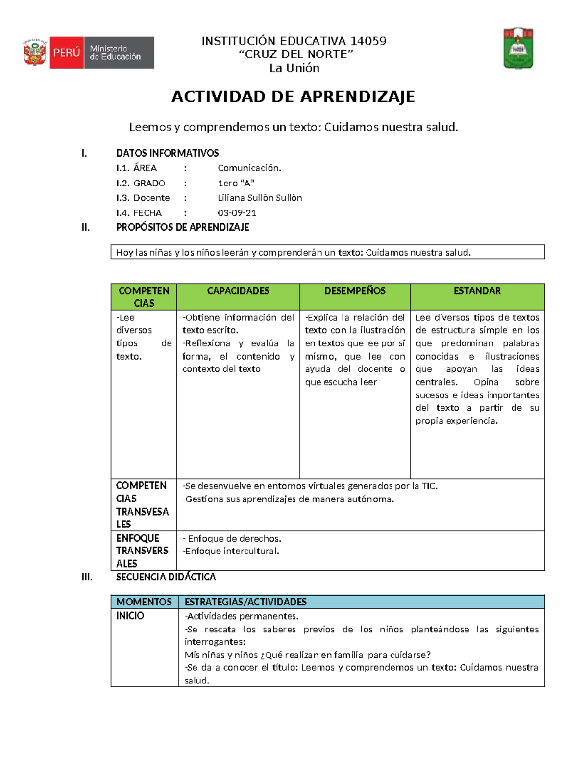 Actividad de Aprendizaje: Leemos y Comprendemos - Grado 1ero - Studocu