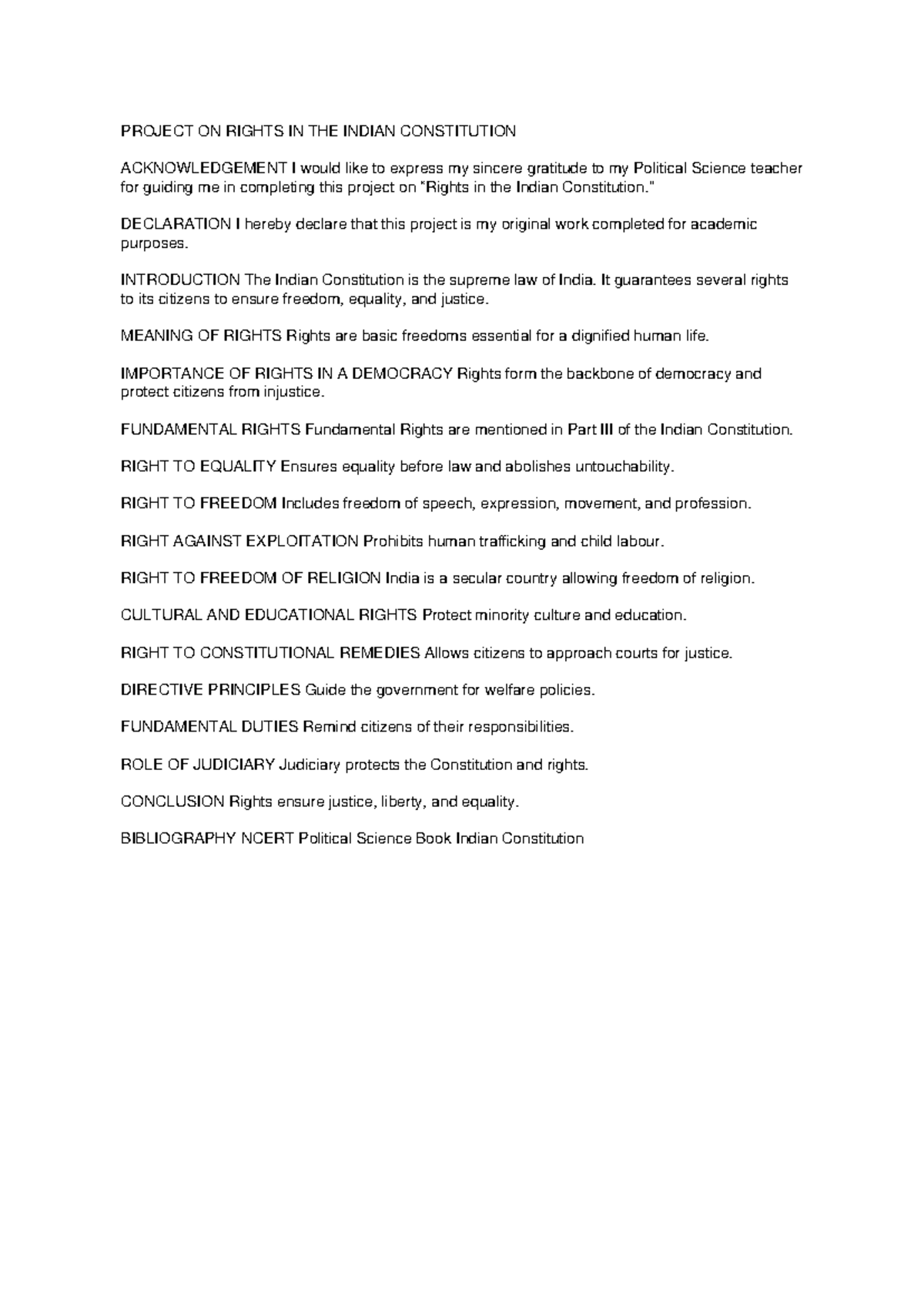 Rights in Indian Constitution Project - Class 11 - Studocu