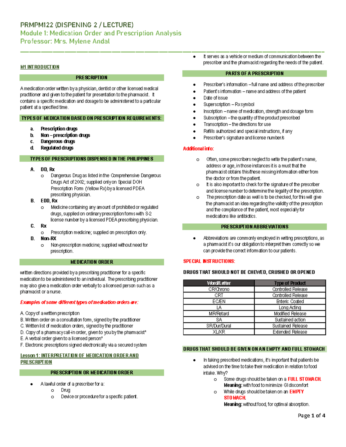 Module 1: Med Order & Prescrip Analysis - LEC 2 Notes - Studocu