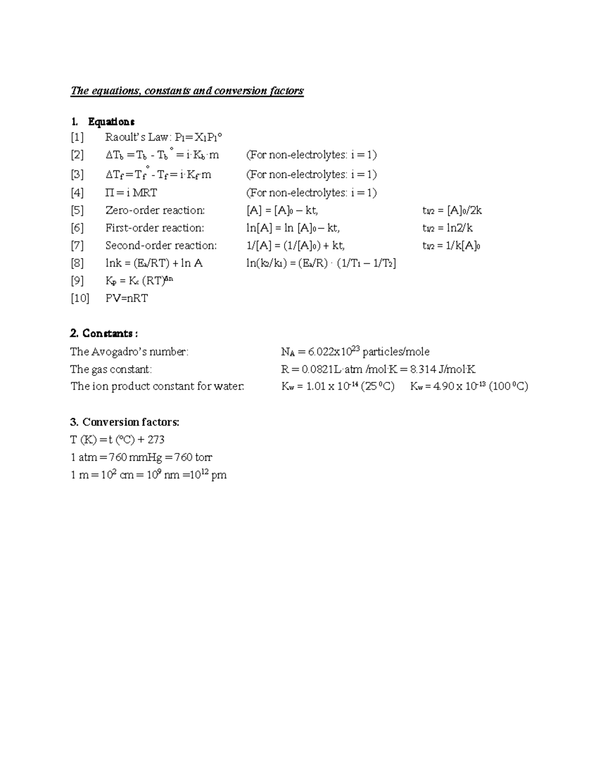List of Equations, Conversion Factors & Constants - The equations ...