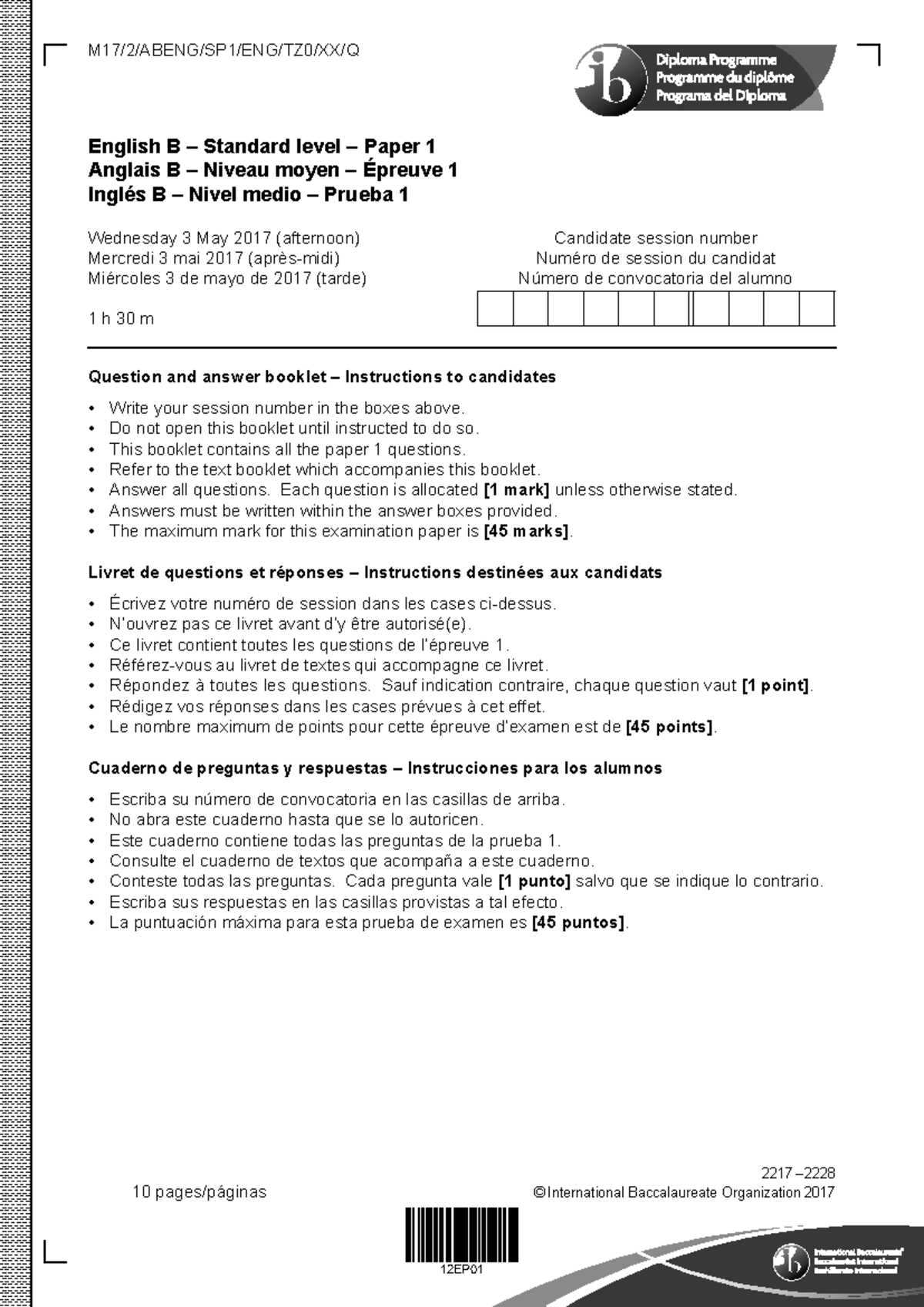 English B SL Paper 1 Question Booklet - Instructions & Questions - Studocu