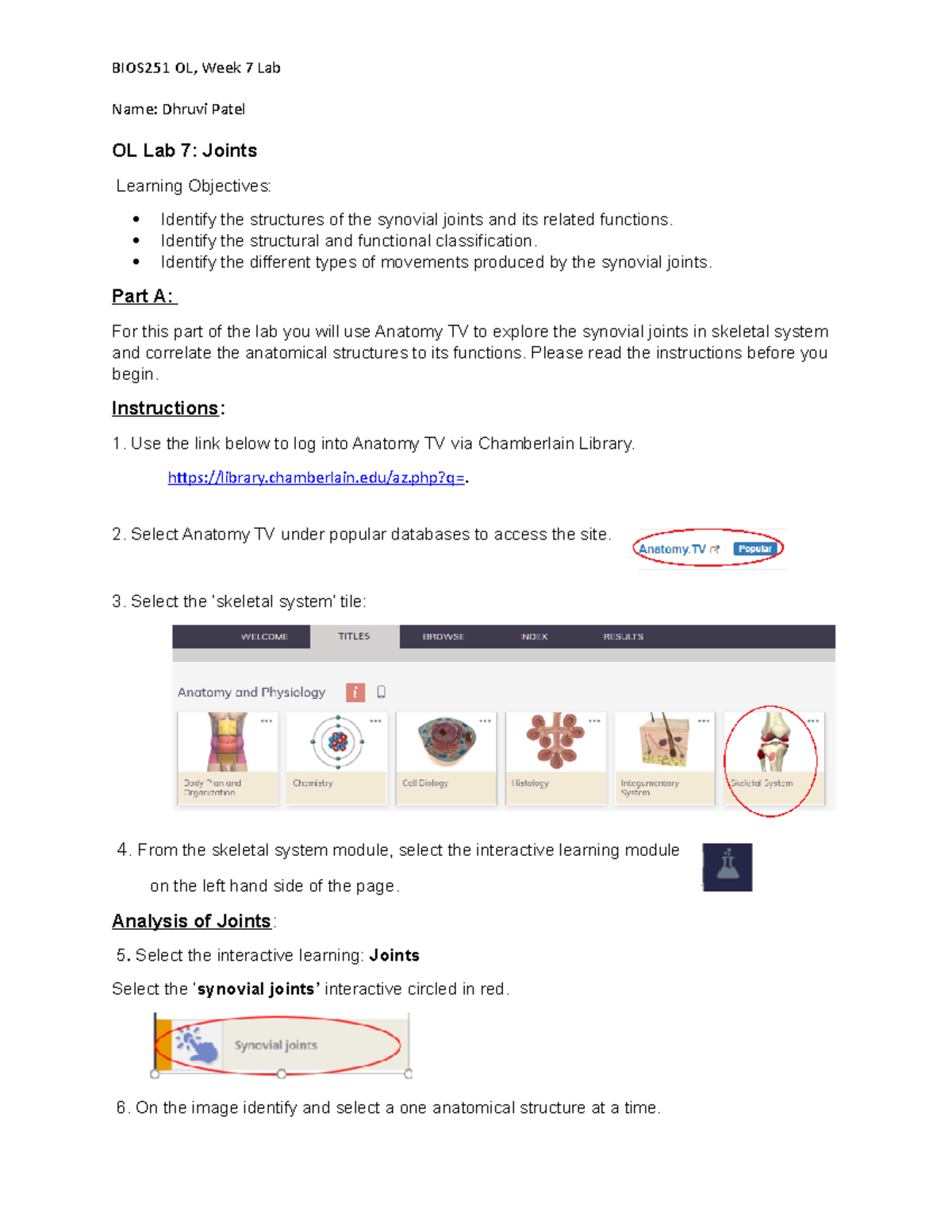 Week 7 Joints Lab - Name: Dhruvi Patel OL Lab 7: Joints Learning Objectives: Identify the - Studocu
