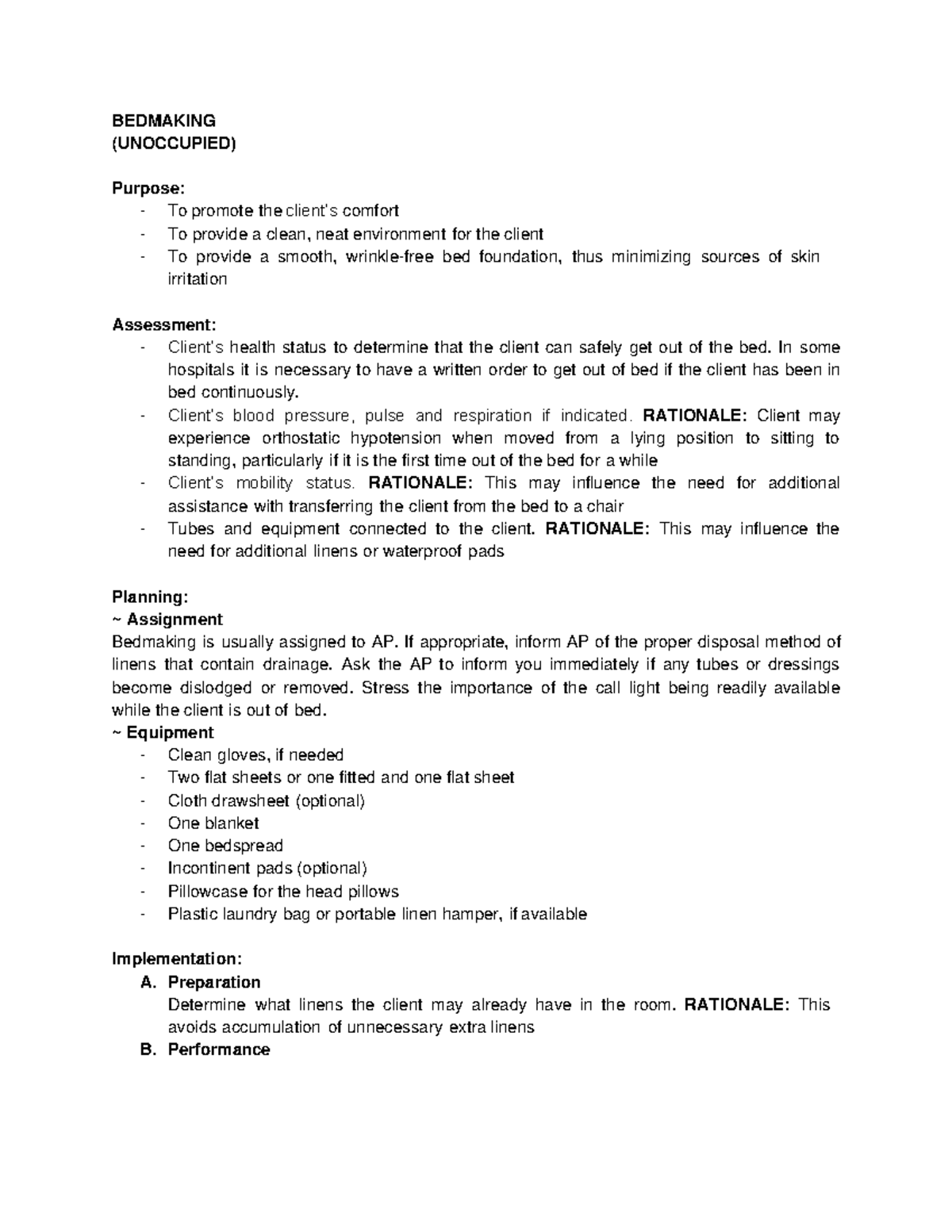 RLE - Bed Making Techniques - Return Demonstration Guide - Studocu