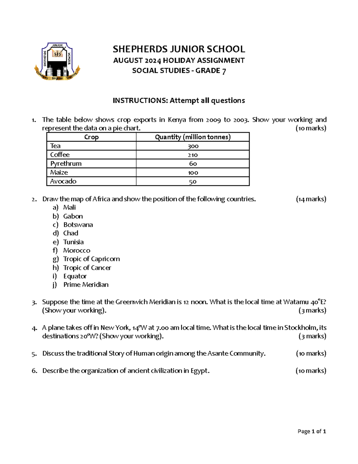 Grade 7 Social Studies August Holiday Assignment - Page 1 of 1 ...