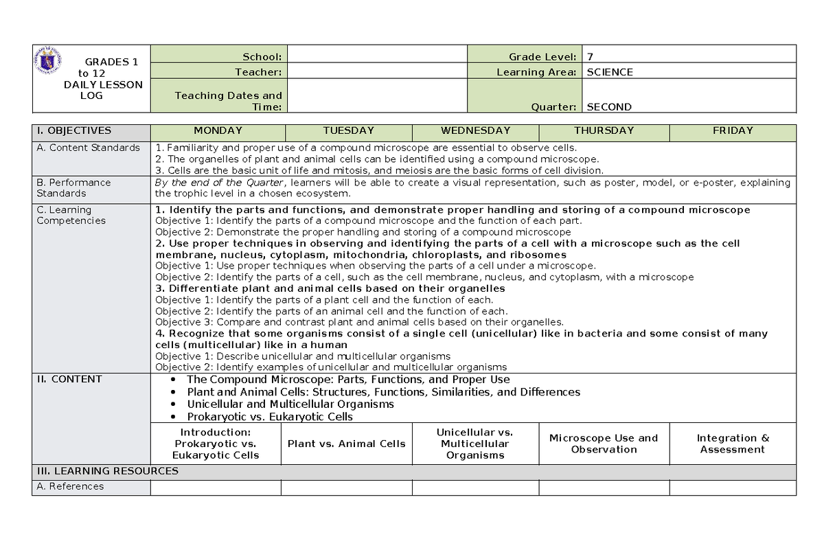 Science 7 Q2 Daily Lesson Log: Week 3 Overview - Studocu