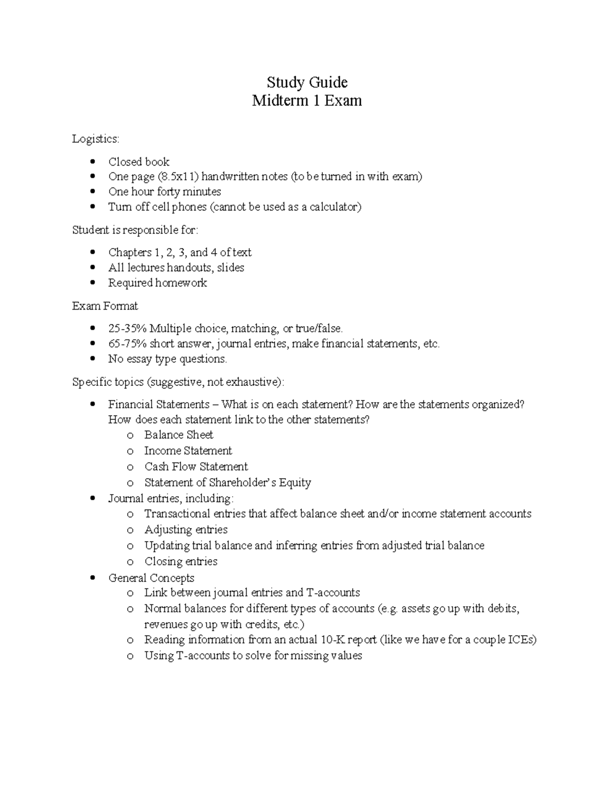 Midterm 1 Exam Study Guide: ACCT 101 Logistics & Topics - Studocu