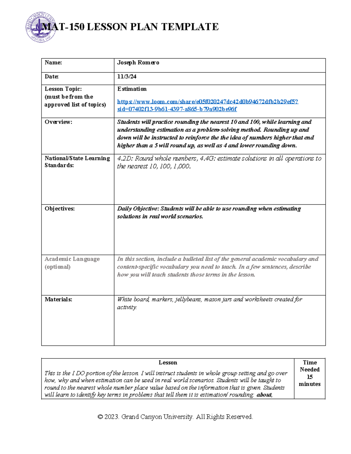 MAT-150 Topic 6: Estimation Lesson Plan for 4th Grade Students - Studocu