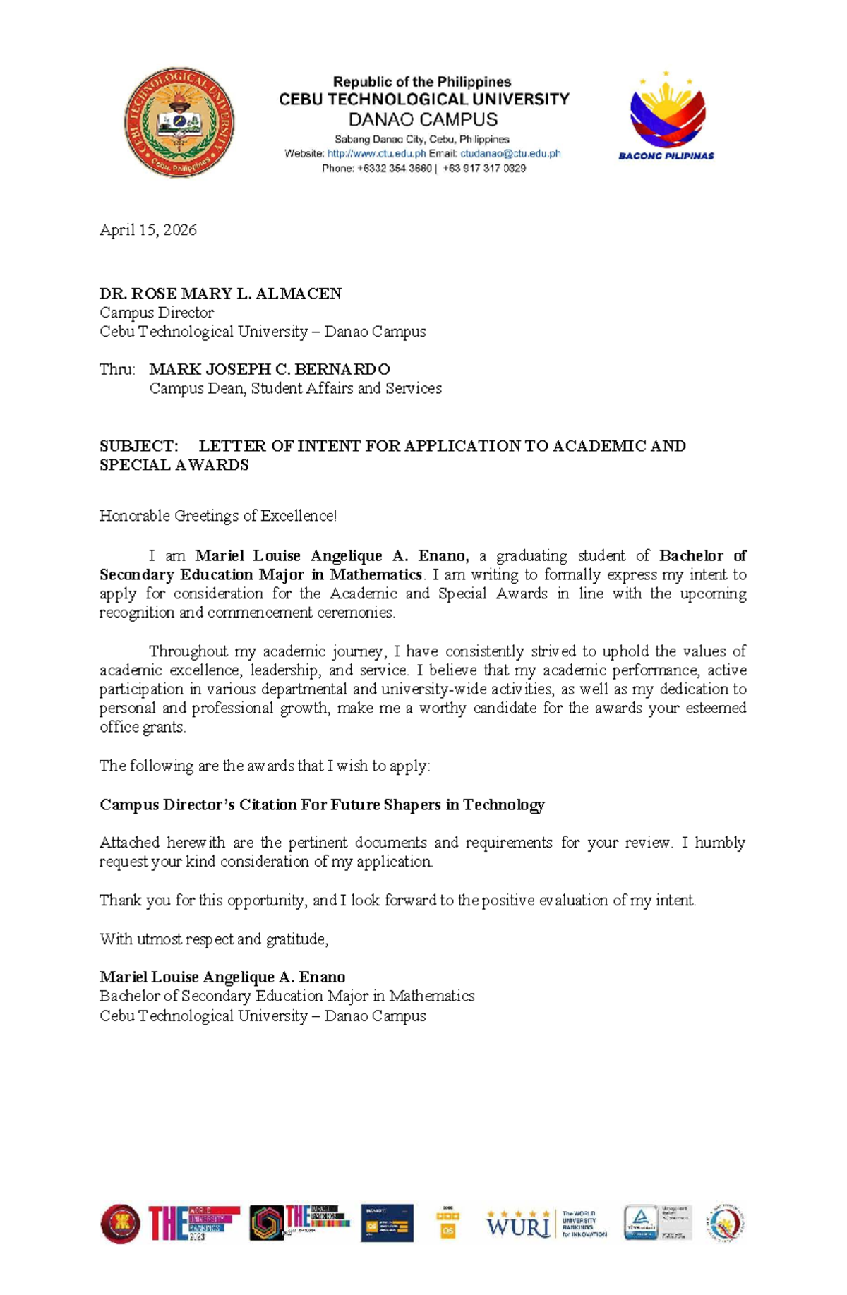 Letter of Intent for Academic Awards - Enano BSEd Math - Studocu