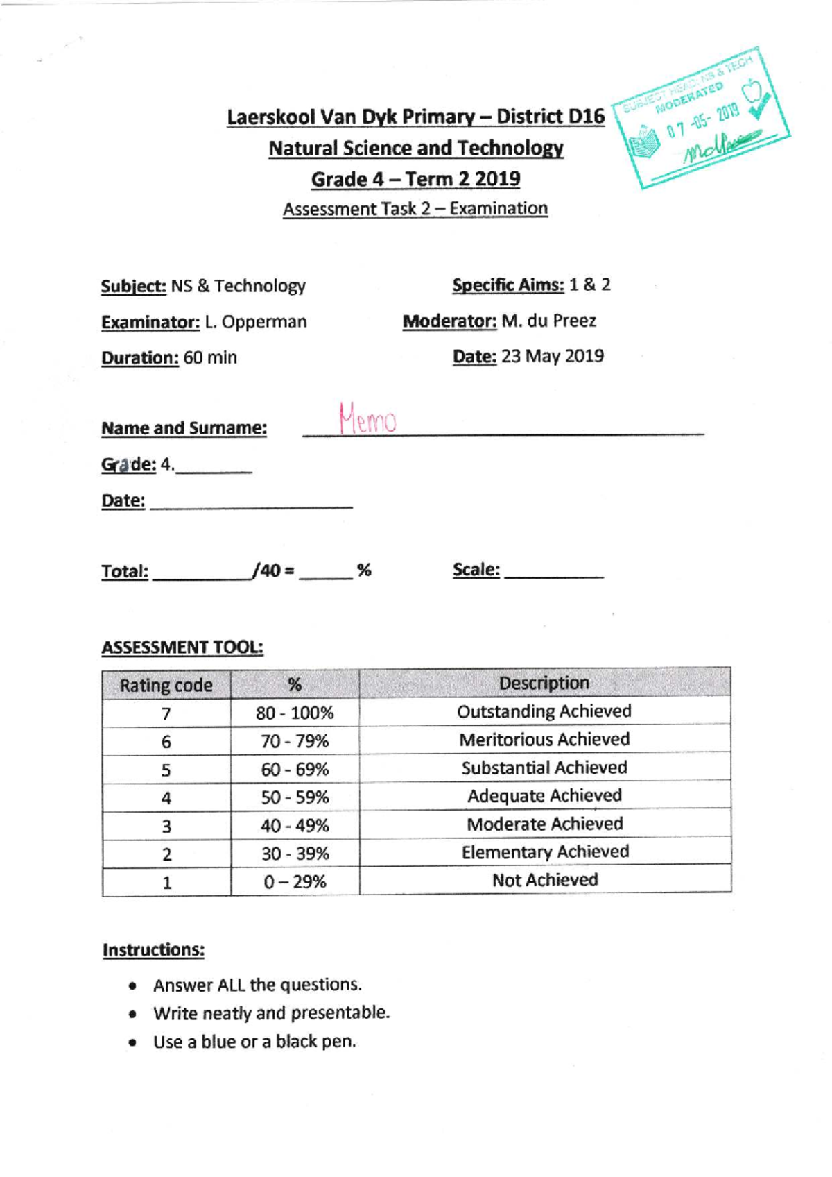 NS TECH Grade 4 Natural Science & Technology Term 2 Exam Memo 2019 ...