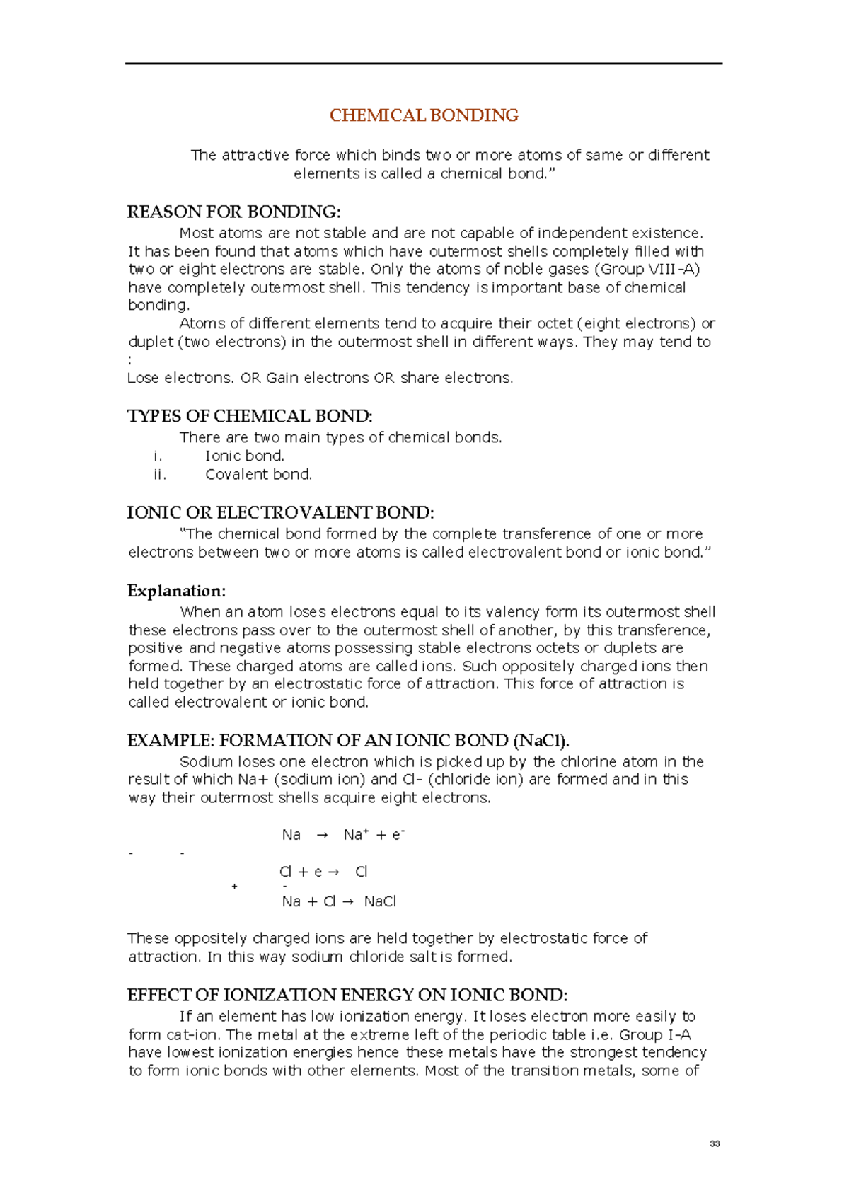 9th Class - Chemistry Chapter 3: Chemical Bonding Notes - Studocu