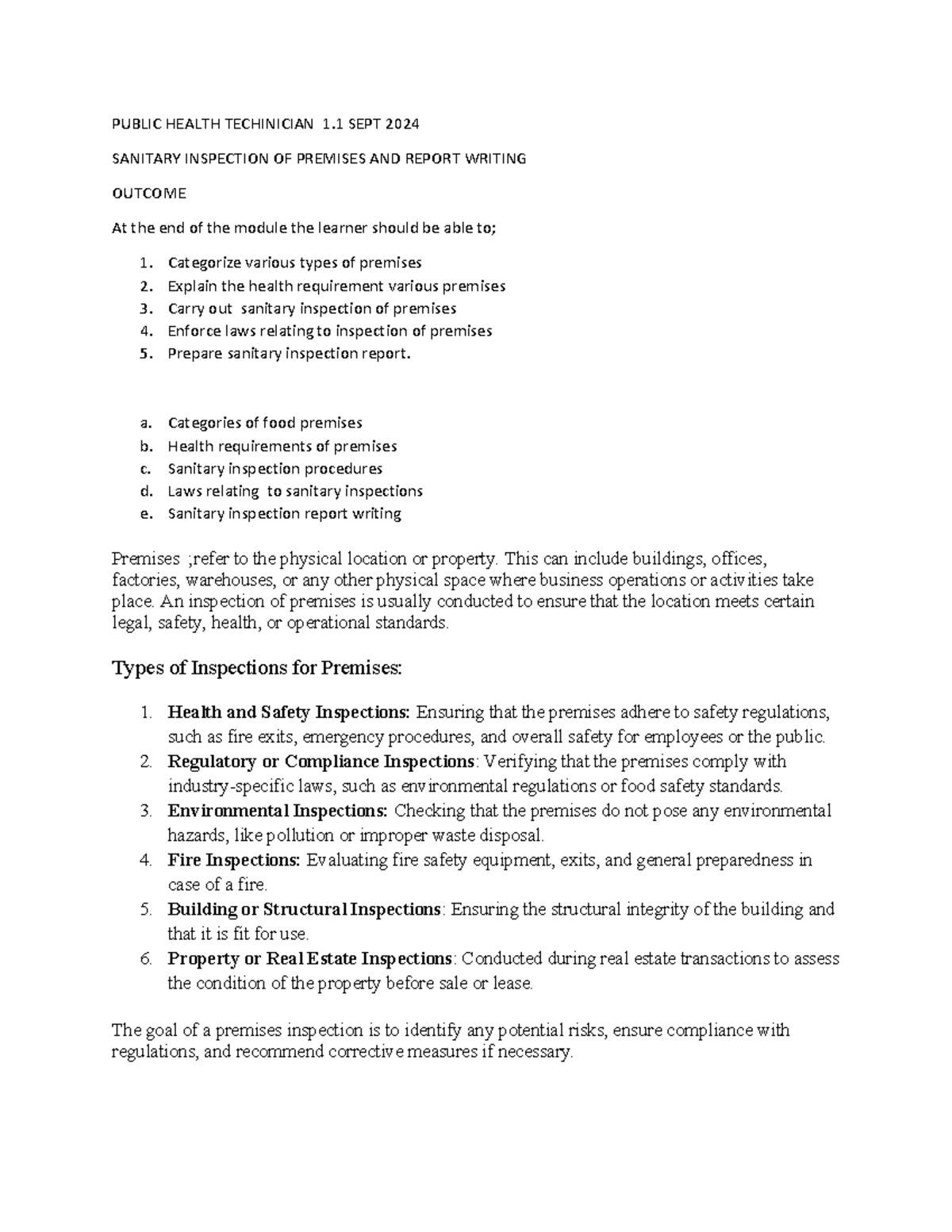 Sanitary Inspection & Report Writing for Public Health Technician 1.1 ...