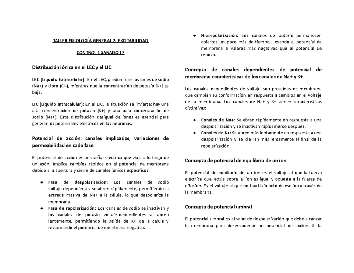 Taller FisiologíA General 2 Excitabilidad - TALLER FISIOLOGÍA GENERAL 2 ...