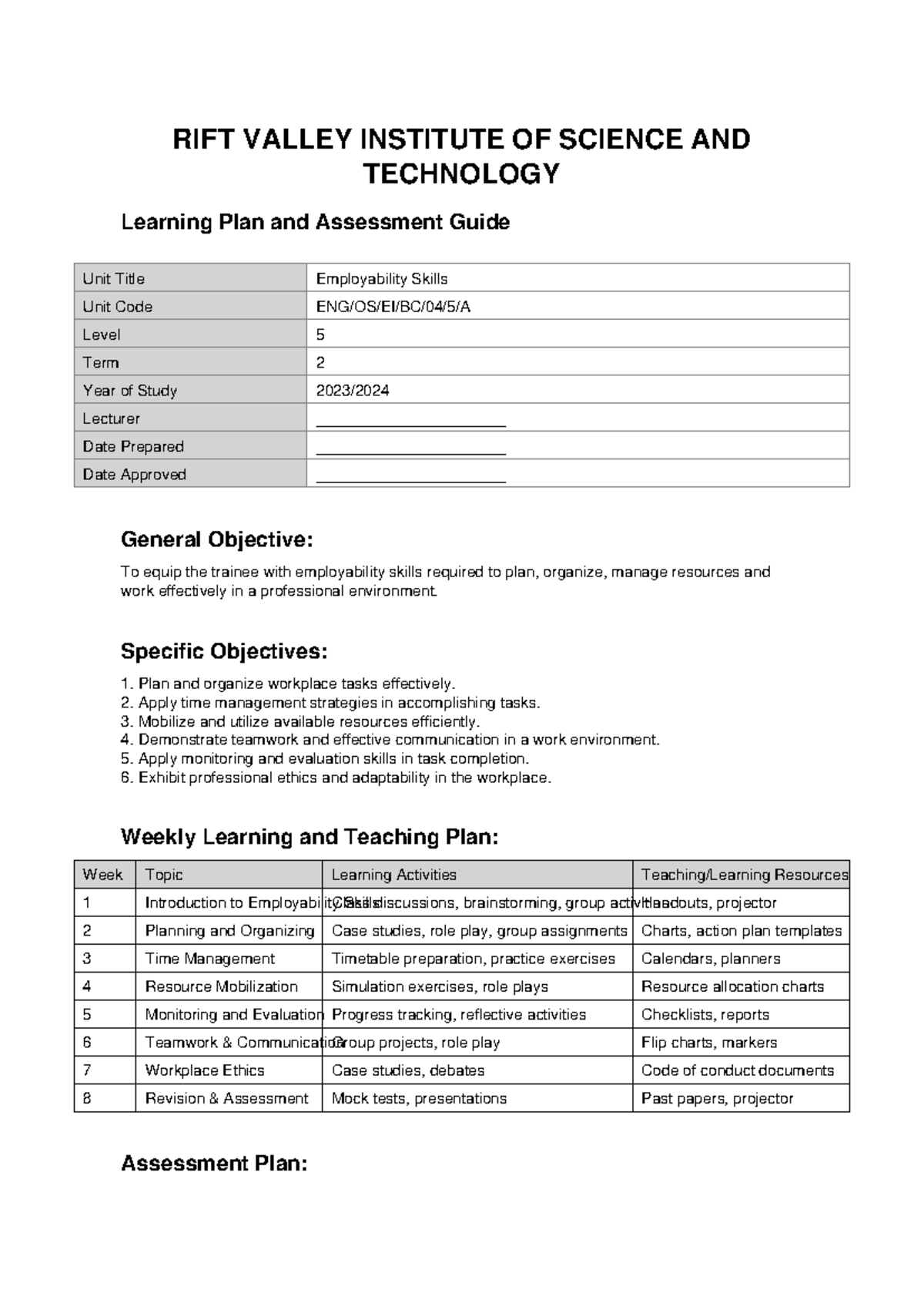 Employability Skills Level 5 Term 2 Learning Plan & Assessment Guide ...