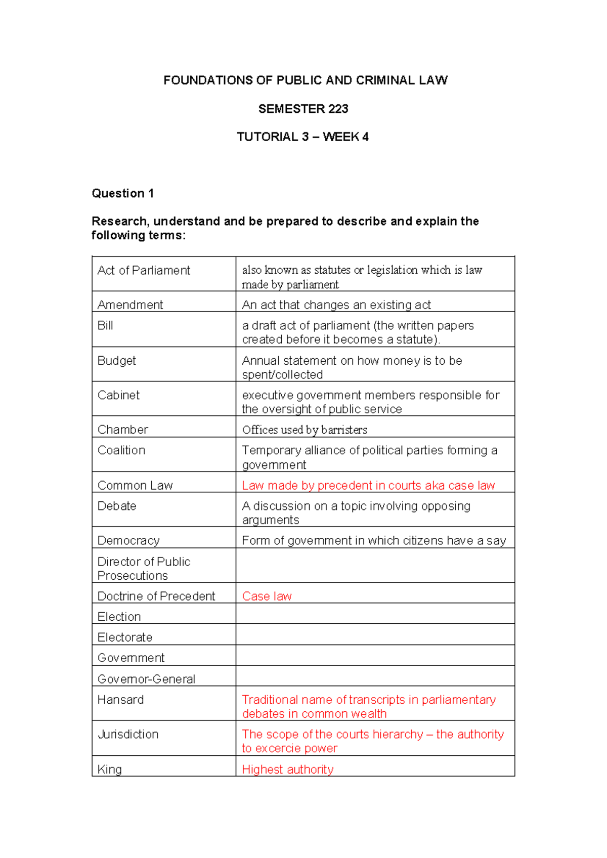 Tutorial 3 - Week 4 - Foundations of Public and Criminal Law - 223 ...
