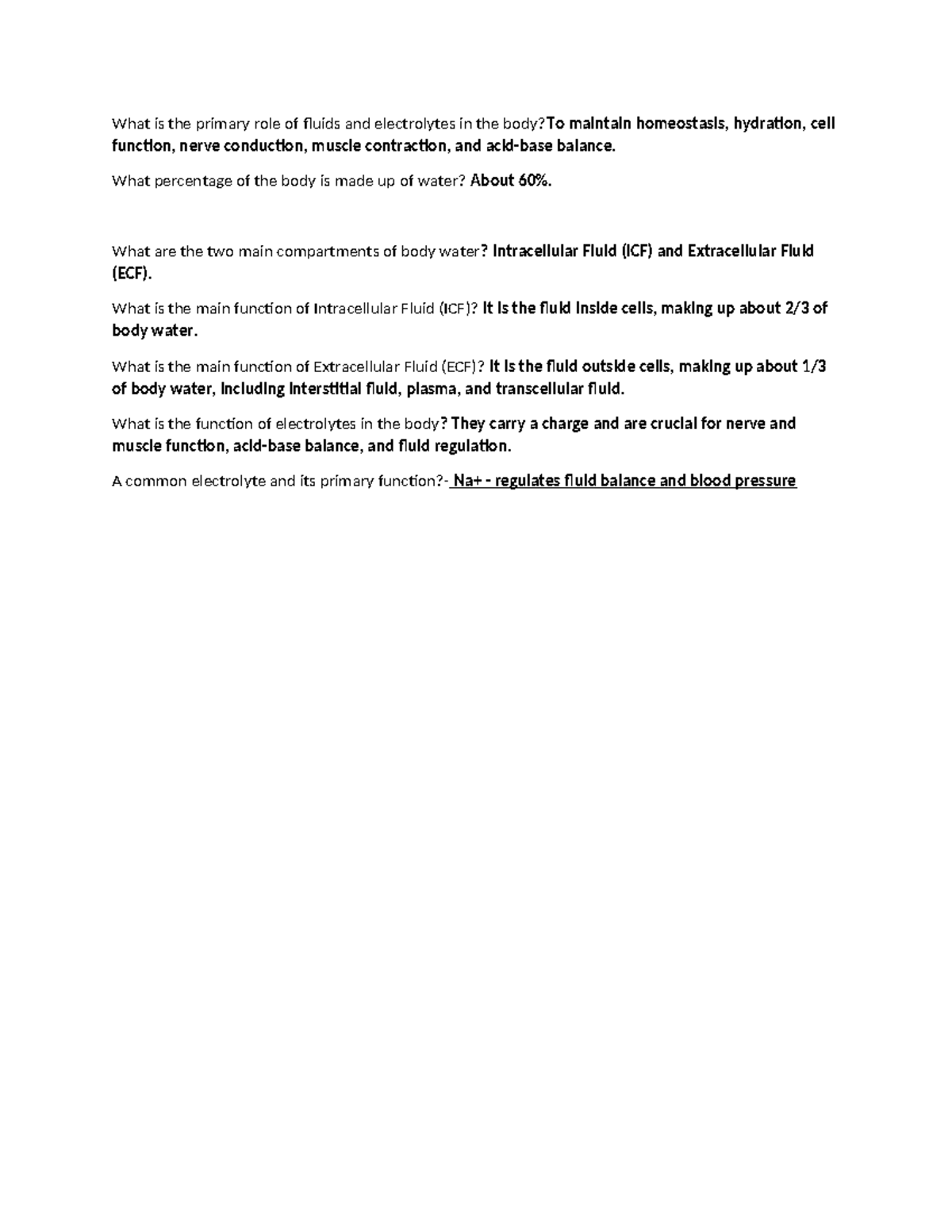 Final Exam Study Guide: Electrolyte Imbalances and Fluid Roles - Studocu