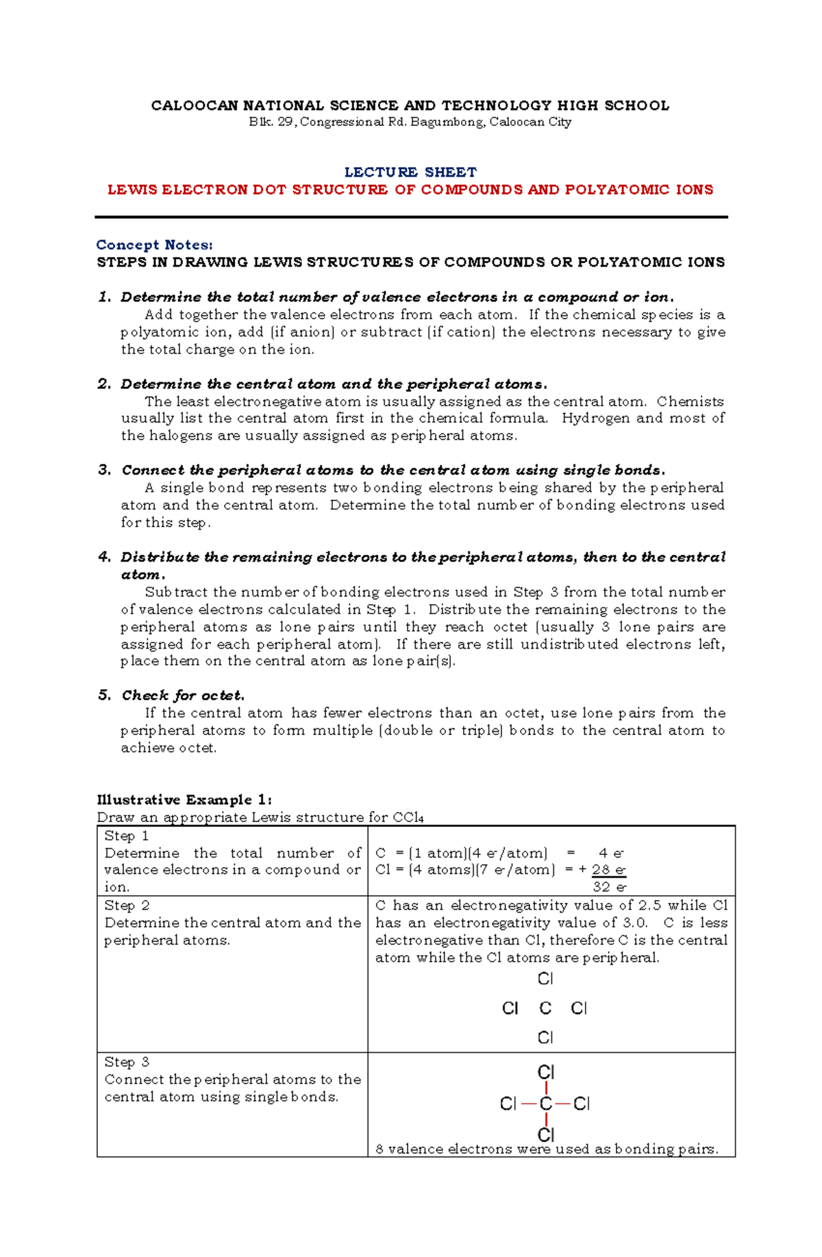 Chemistry Activity Worksheet 07 Lewis Electron DOT Structure - CALOOCAN ...