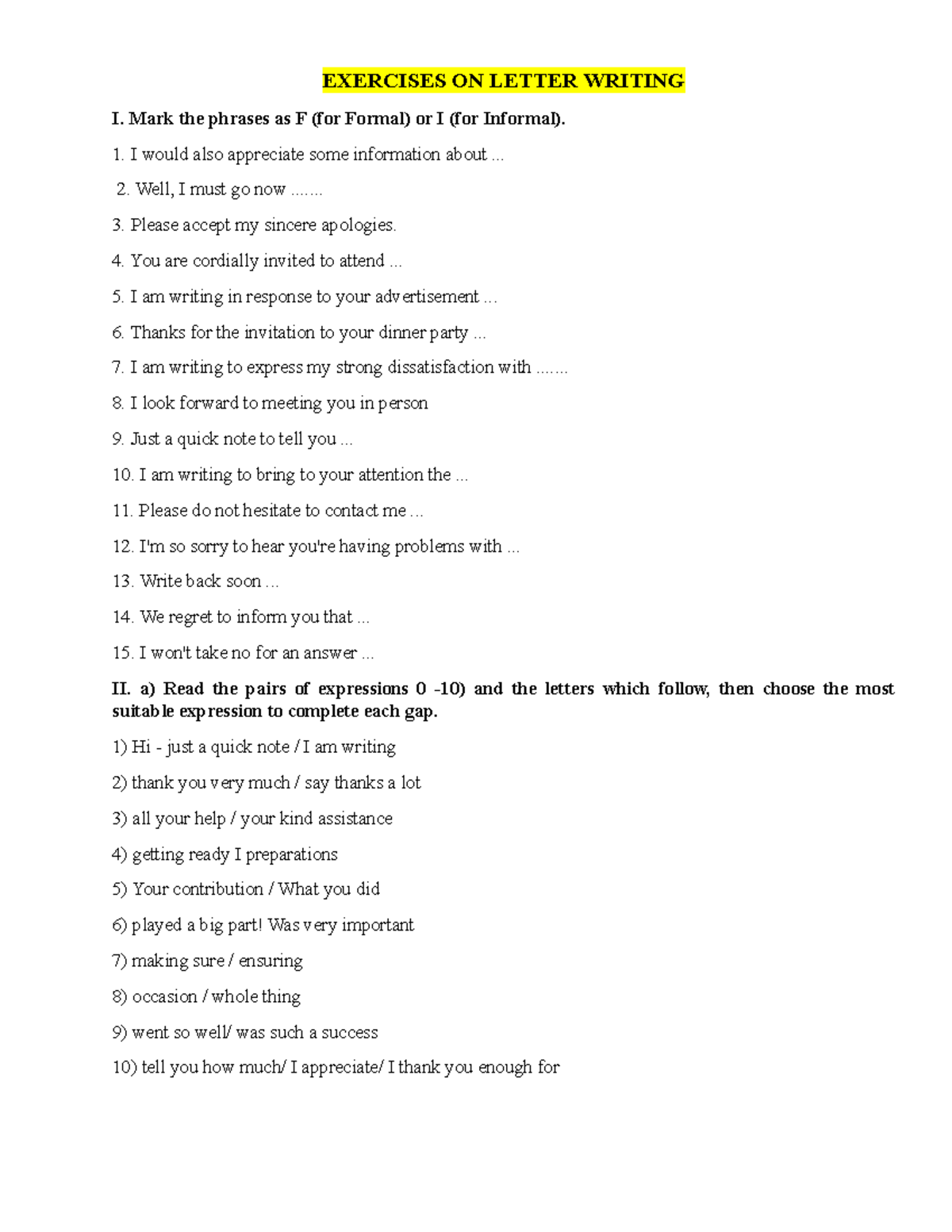 1.0. Letter Writing - Exercises - EXERCISES ON LETTER WRITING I. Mark ...