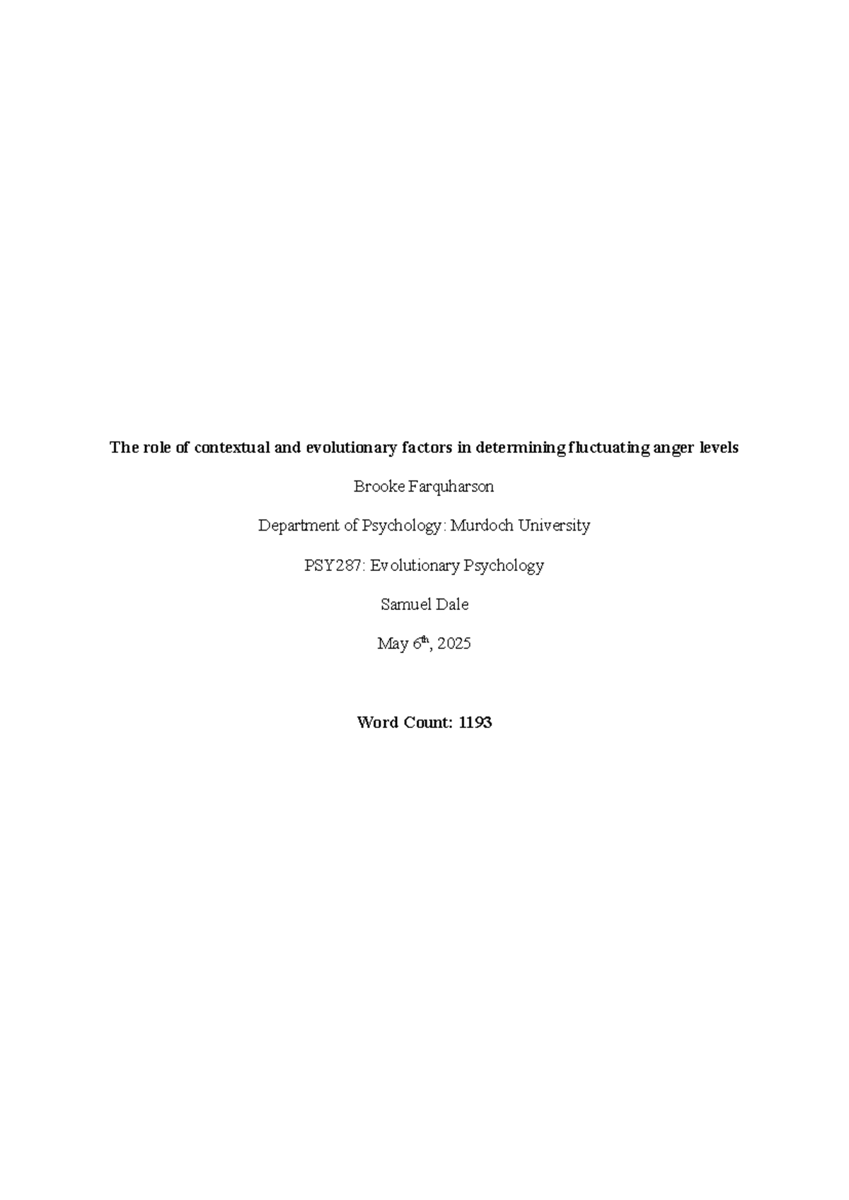 PSY287 Assignment 3: Contextual and Evolutionary Factors in Anger - Studocu
