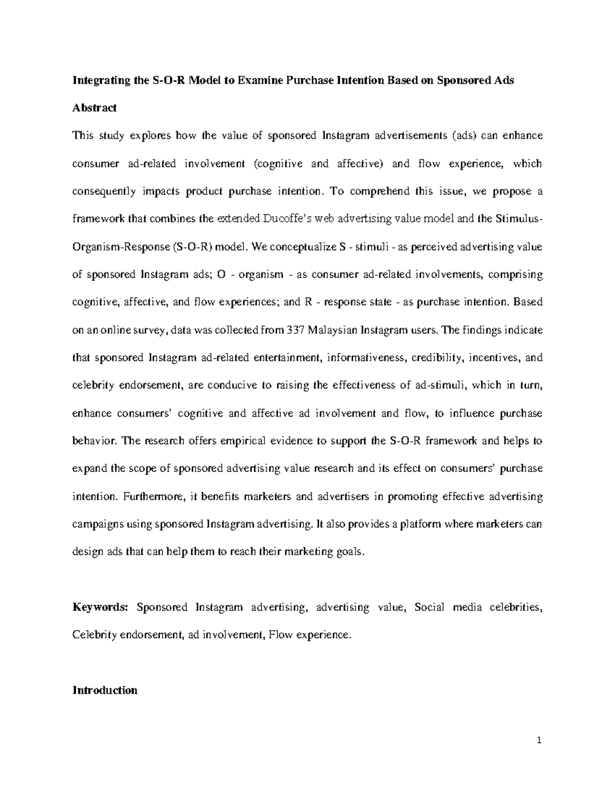 Integrating the S-O-R Model to Analyze Purchase Intention in Instagram ...