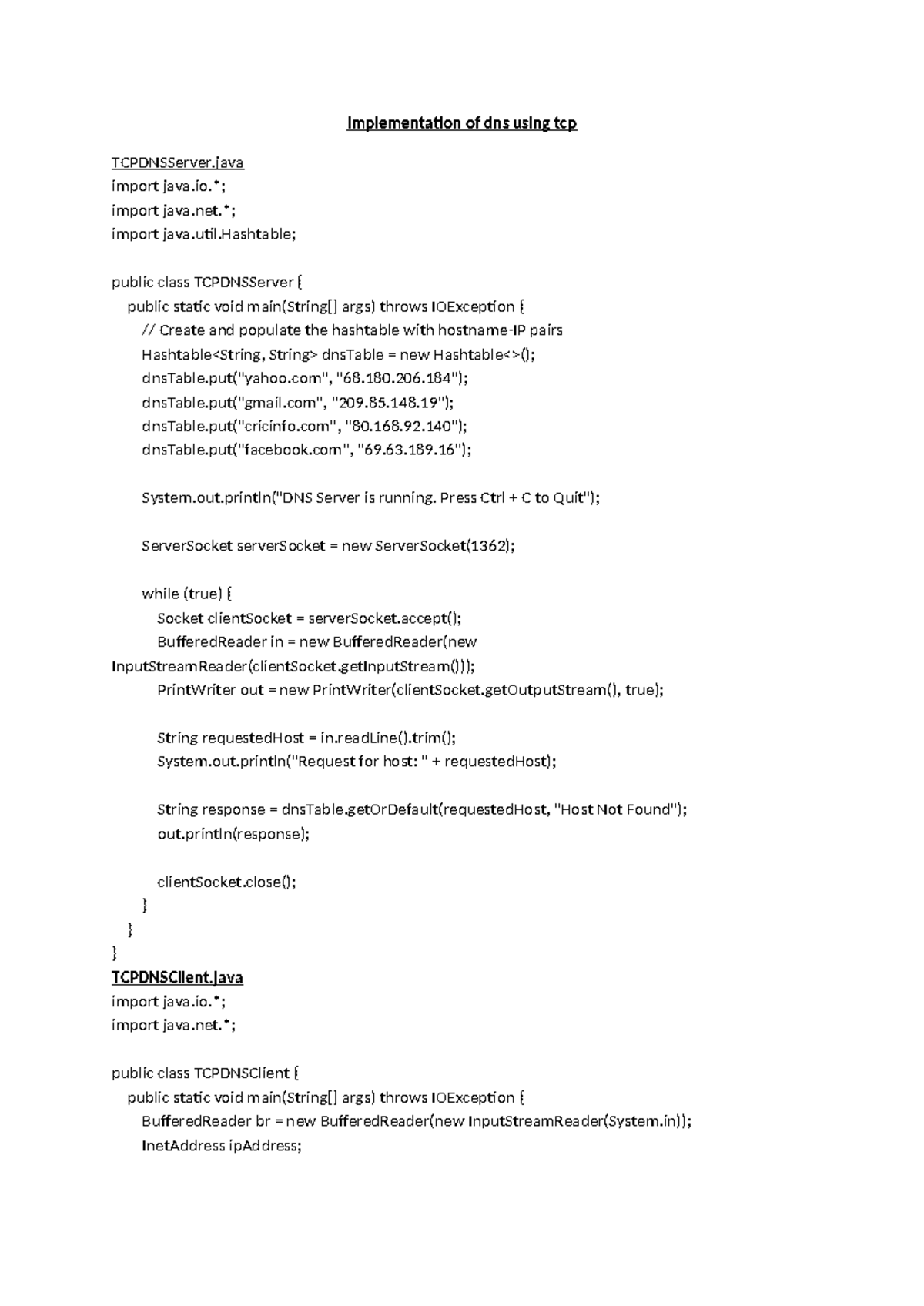 UDP TCP computer network laboratory - Implementation of dns using tcp TCPDNSServer import java ...