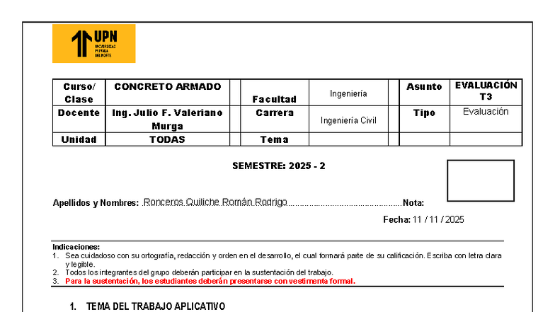 Evaluación T3: Diseño de Elementos Estructurales en Concreto UG-2025-2 ...