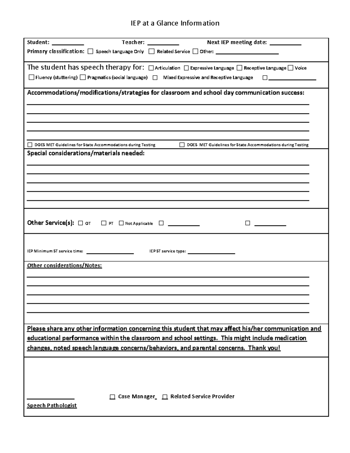 IEP at a Glance: Speech Language Services Overview - Studocu